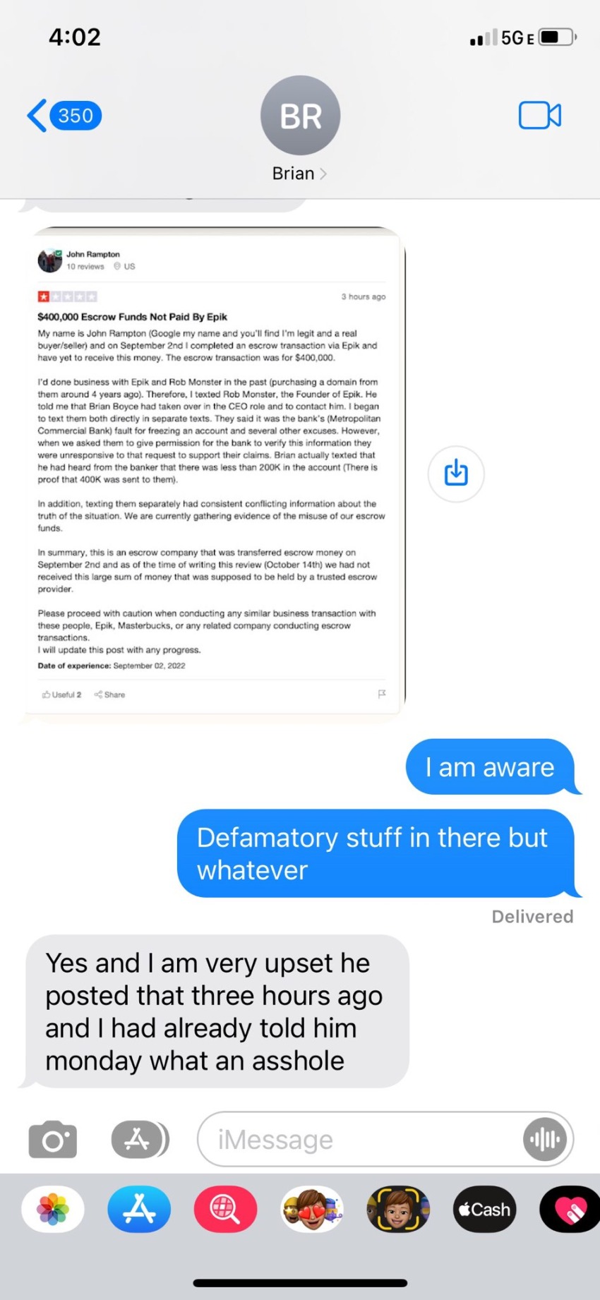 Epik CEO Brian Royce Calls Epik Customer John Rampton an "Asshole" in Text Message with Rob Monster